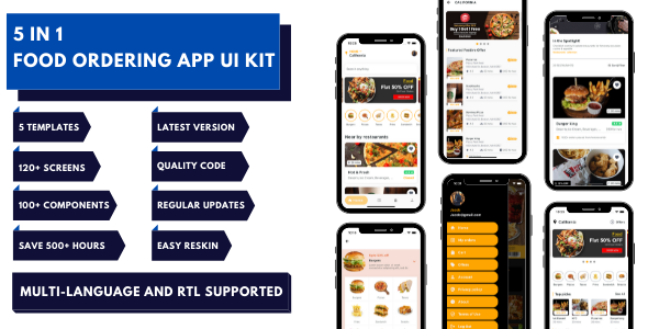 5 in 1 Quality UI food ordering app template - code.market