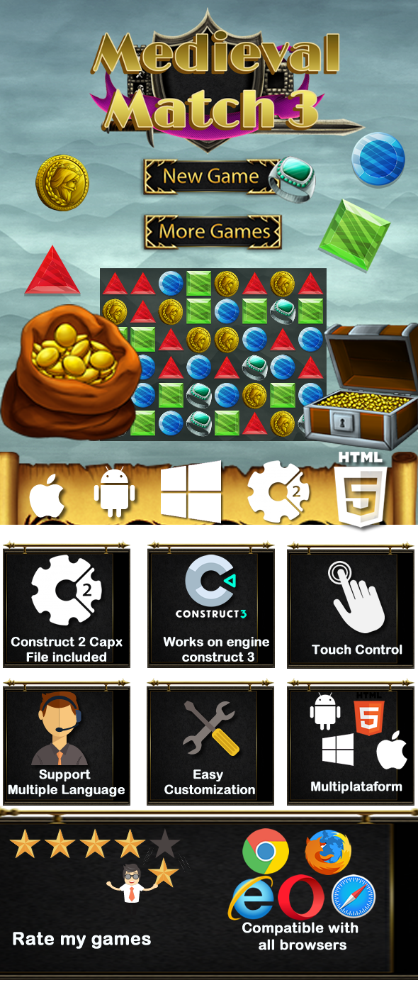 Medieval Match 3 - HTML5 Game (Capx) - code.market