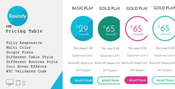 Roundy - CSS3 Responsive Pricing Table - code.market
