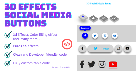 3D EFFECT SOCIAL MEDIA BUTTONS (4 DIFFERENT EFFECTS) - code.market