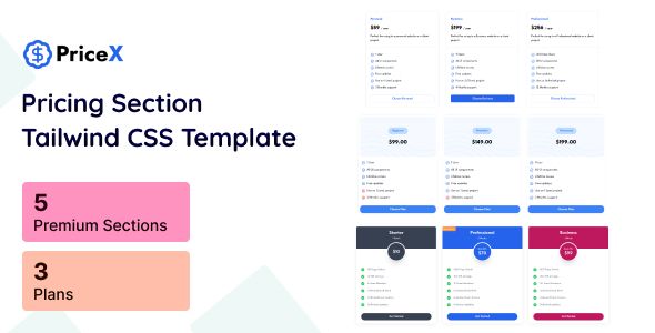PriceX - Tailwind Pricing Table HTML Template - code.market