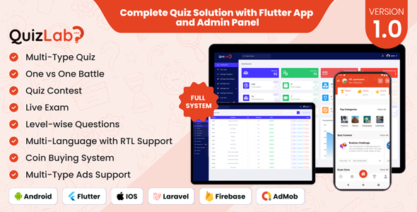 QuizLab - Complete Quiz Solution with Flutter App and Admin Panel - code.market