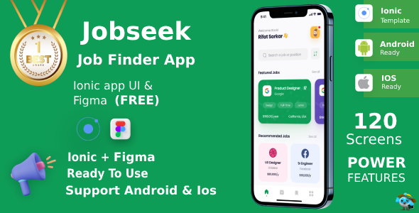 Online Job Finder App | UI Kit | Ionic | Figma FREE | JobSeek - code.market
